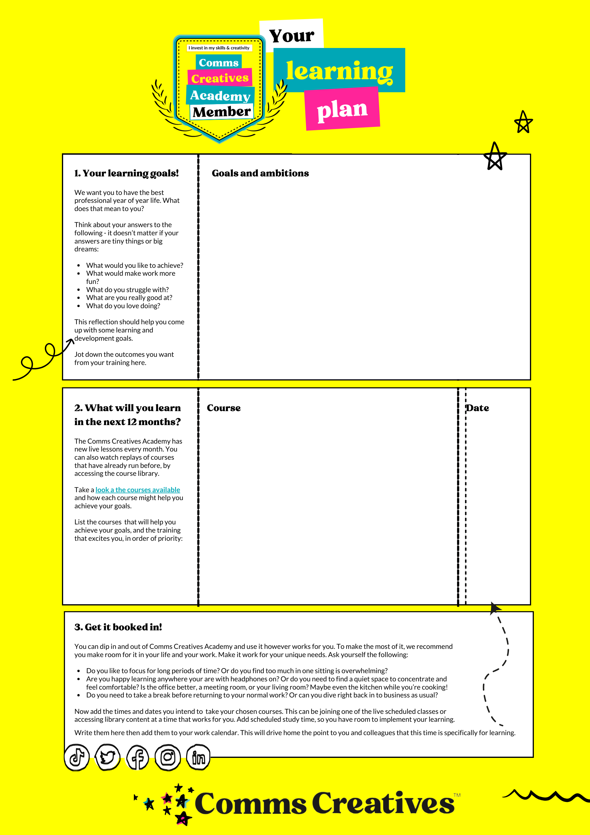 Academy learning plan worksheet | Comms Creatives: creative training ...